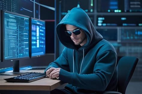 Premium Photo Hacker Programmer Who Sits In A Hoodie Behind A Computer With Many Screens In