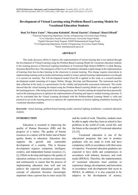 Pdf Development Of Virtual Learning Using Problem Based Learning Models For Vocational