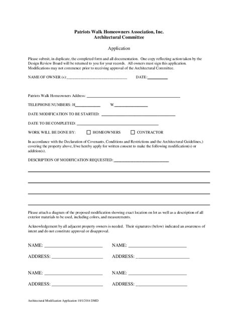 Fillable Online Patriots Walk Homeowners Association Architectural Committee Application Fax