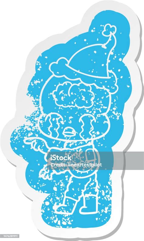 기발한 만화 큰 두뇌 외계인의 고민 스티커 울고 산타 모자를 쓰고 가리키는 가리키기에 대한 스톡 벡터 아트 및 기타 이미지