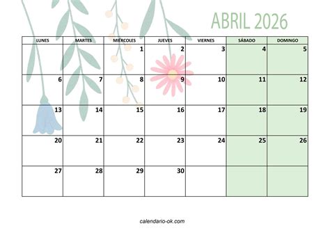 Calendario 2026 Bonito Con Flores Imprimir Gratis