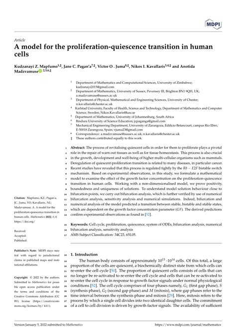 Pdf A Model For The Proliferation Quiescence Transition In Human Cells
