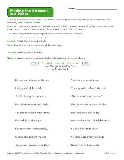Finding The Stresses In A Poem Poetry Worksheet