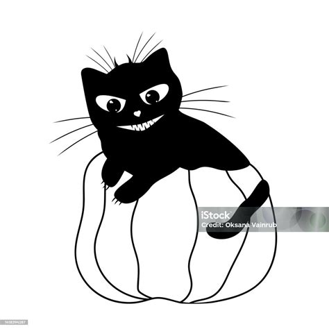 웃는 고양이와 호박 국내 새끼 고양이 고양이의 검은 실루엣 타투 인쇄 가공의 인물에 대한 스톡 벡터 아트 및 기타 이미지