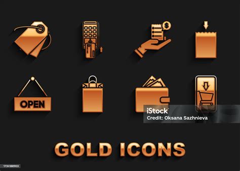 종이 쇼핑백 매달린 기호 텍스트 문 열기 지불을 위한 빈 영수증 청구서를 들고 있는 인간의 손 빈 라벨 템플릿 가격표 및 Pos 터미널이 삽입된 신용 카드 아이콘을