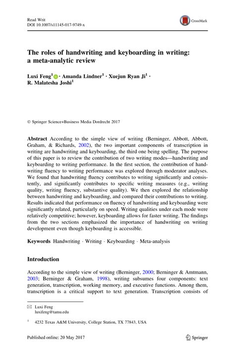 Pdf The Roles Of Handwriting And Keyboarding In Writing A Meta Analytic Review