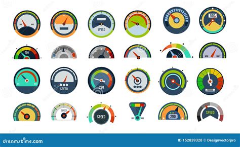 Speedometers Collection Symbols Of Speed Score Measuring Tachometer Level Indices Vector