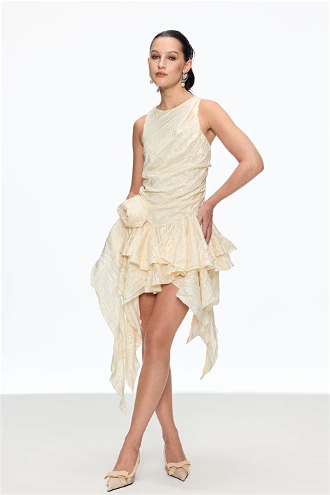 Caleb Flower Ruch Asymmetric Mini Dress In Apricot Innovare Denim