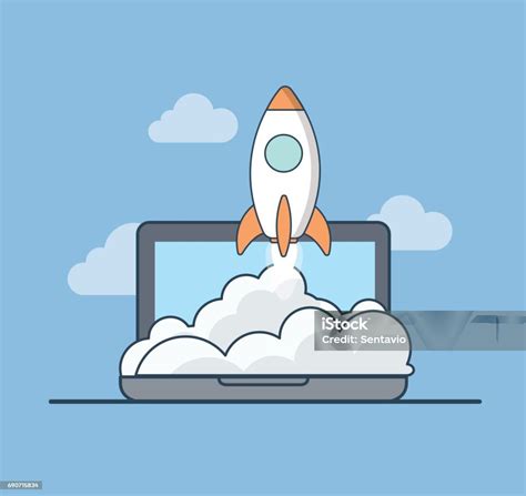 선형 평면 로켓 노트북 웹 인포 그래픽 벡터 일러스트 레이 션에서 하늘에 비행 사업 시작 개념입니다 그을음에 대한 스톡 벡터 아트 및 기타 이미지 Istock