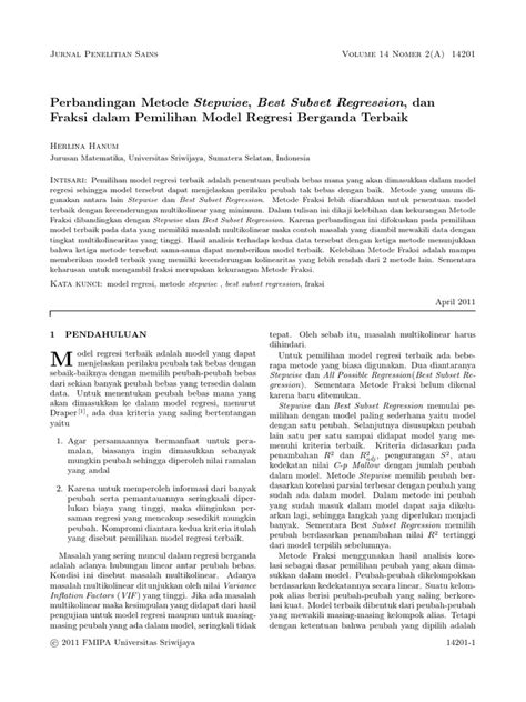 168070 Id Perbandingan Metode Stepwise Best Subset Pdf