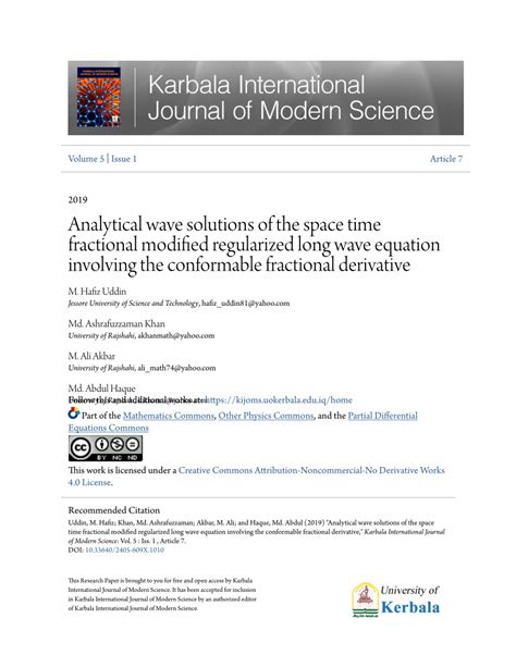 PDF Analytical Wave Solutions Of The Space Time Fractional Modified Regularized Long Wave
