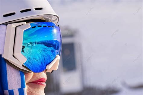 Skiing Womans Portrait With Goggle Reflection In Alps Photo Background And Picture For Free