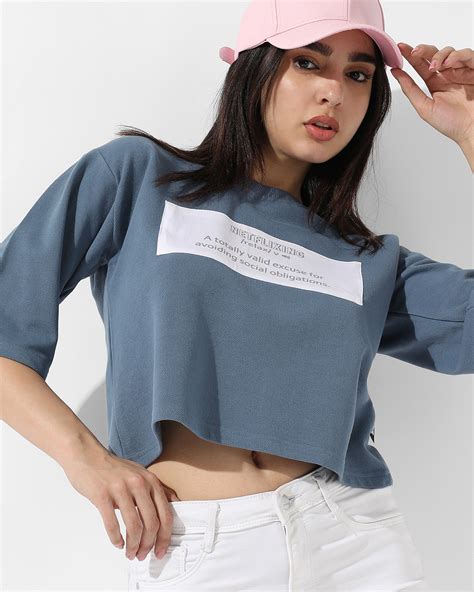 Buy Womens Blue Typography Crop Top Online At Bewakoof