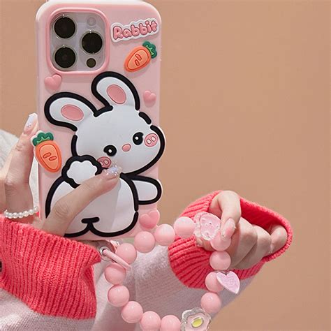 [2개구매시 할인] 아이폰 당근 토끼 케이스 핑크 구슬스트랩 14 플러스 13 12 프로 맥스