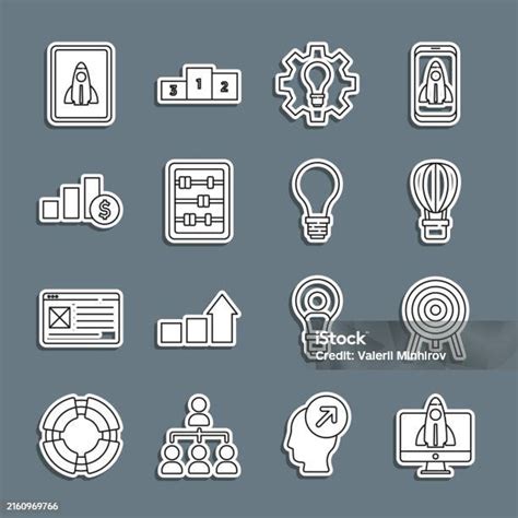 라인 시작 프로젝트 개념 대상 열기구 전구 및 기어 주판 파이 차트 달러 및 아이디어 아이콘을 설정합니다 벡터 개념에 대한 스톡 벡터 아트 및 기타 이미지 Istock