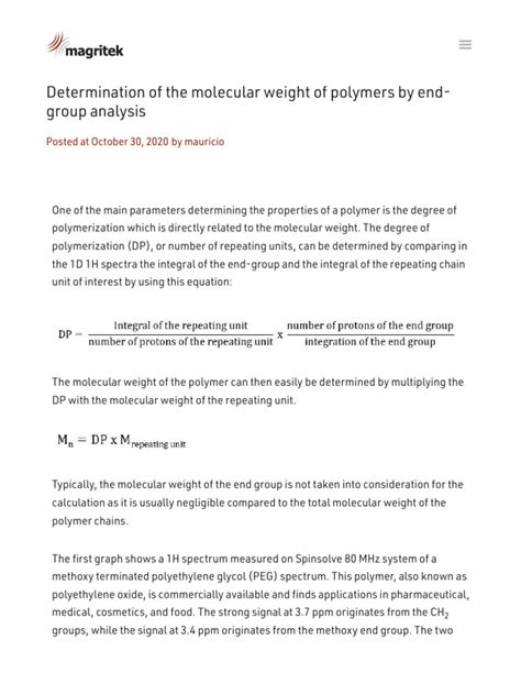 Nmr Determination Of The Molecular Weight Of Polymers By End Group Analysis Magritek Pdf