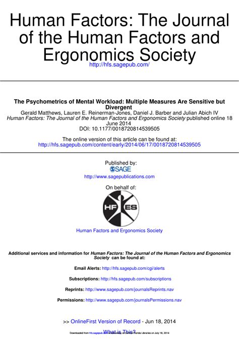 Pdf The Psychometrics Of Mental Workload Multiple Measures Are Sensitive But Divergent