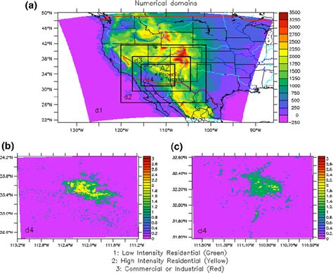 A The Four Two Way Nested Domains Used Within Wrf Model Experiments Download Scientific