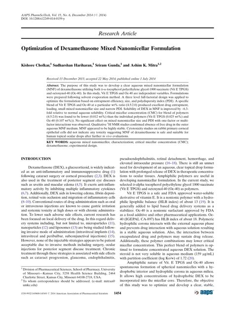 Pdf Optimization Of Dexamethasone Mixed Nanomicellar Formulation