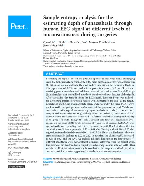 Pdf Sample Entropy Analysis For The Estimating Depth Of Anaesthesia Through Human Eeg Signal