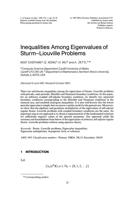 pdf inequalities among eigenvalues of sturm liouville problems