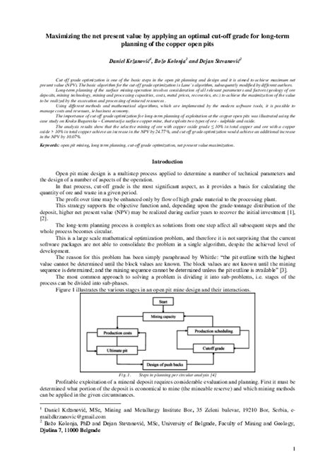 Pdf Maximizing The Net Present Value By Applying An Optimal Cut Off Grade For Long Term