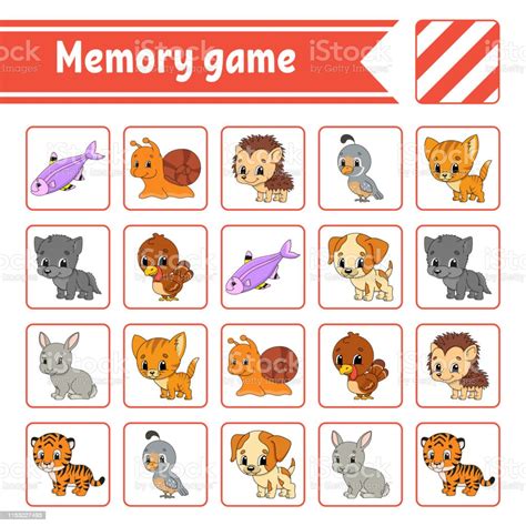 아이 들을 위한 메모리 게임 교육 워크시트 개발 사진이 있는 활동 페이지 아이 들을 위한 퍼즐 게임 논리적 사고 훈련 고립 된 벡터 일러스트입니다 재미 있는 캐릭터 만화