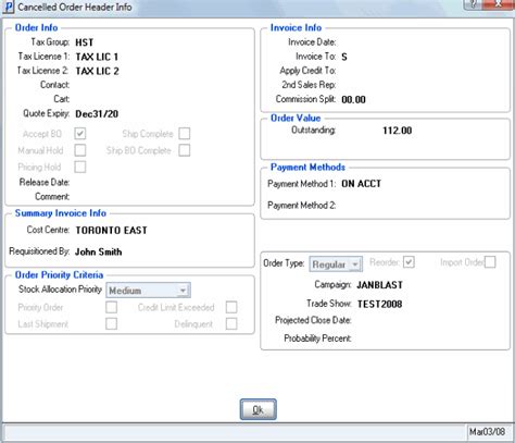 Cancelled Order Header Info Window