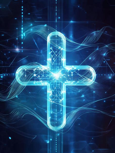 Glowing Waveforms Blend Into A Futuristic Cross Shaped Medical Symbol In A High Tech Blue And