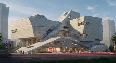 Modern Architectural Structure Featuring Intersecting Geometric Forms And Sharp Stock