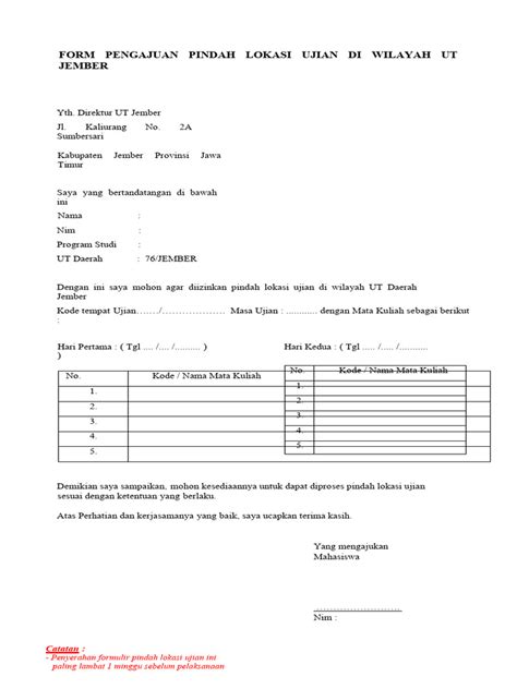 Form Pengajuan Pindah Ujian Ut Jember Pdf