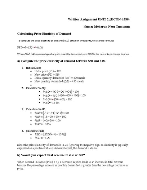 calculating price elasticity of demand written assignment unit 2