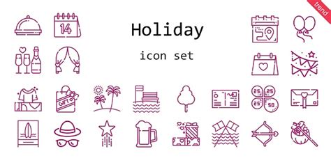 휴일 아이콘 세트입니다 라인 아이콘 스타일입니다 선물 달력 솜 사탕 화환 풍선 결혼식 날 꽃잎 저녁 식사 큐피드 웨딩 아치 엽서 해변 샴페인 모자 좋아하는 발렌타인 데이와