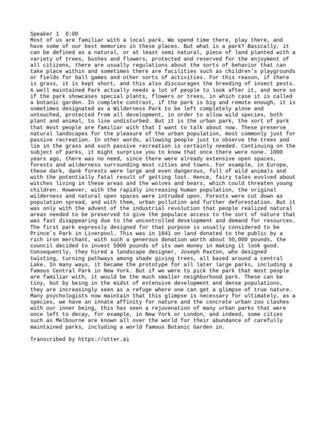 Ielts Recent Actual Test 1 Part 4 Otter Ai Pdf Parks Natural Environment