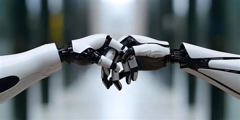 robotic and human hands connecting symbolizing teamwork partnership and