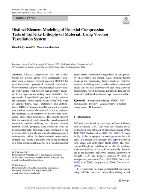 Distinct Element Modeling Of Uniaxial Compression Tests Of Tuff Like Lithophysal Material Using