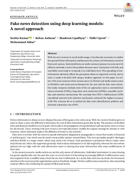 Pdf Fake News Detection Using Deep Learning Models A Novel Approach
