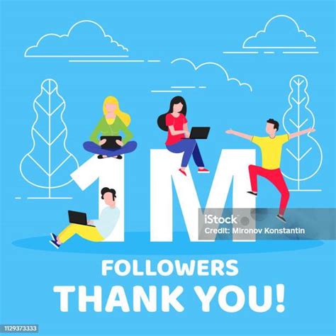 감사 합니다 백만 추종자 숫자 엽서 사람 남자 여자 큰 숫자 평면 스타일 디자인 1m 감사 벡터 일러스트 레이 션 파란색 배경에