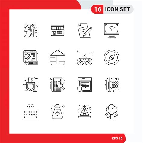 Group Of 16 Outlines Signs And Symbols For Tv Screen Building Multimedia Pencil Editable Vector