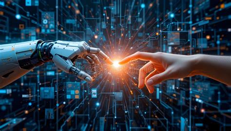 Ai And Machine Learning Concept Human And Robot Hands Connecting On Big Data Network Stock