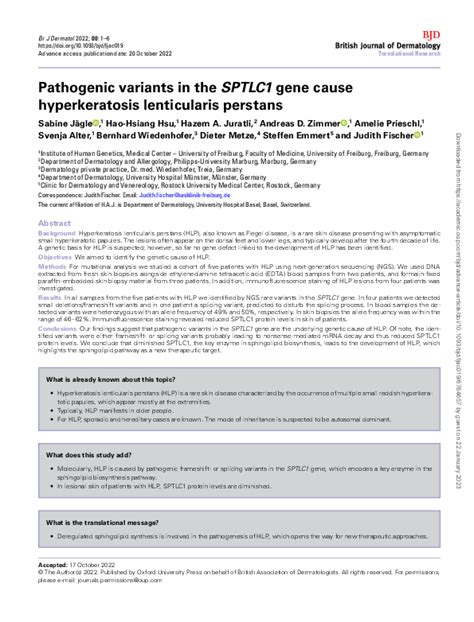 Pdf Pathogenic Variants In The Sptlc1 Gene Cause Hyperkeratosis Lenticularis Perstans