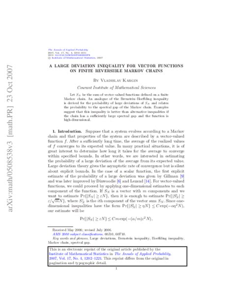 Pdf A Large Deviation Inequality For Vector Functions On Finite Markov Chains