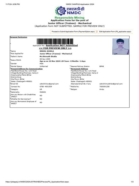 Nmdc Sample Application 2024 Pdf