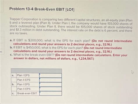 Solved Problem 13 4 Break Even Ebit Lo1] Trapper