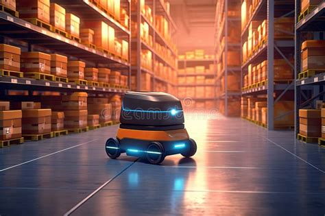 Automated Management Inventory And Delivery Robot At Storage Warehouse Stock Illustration