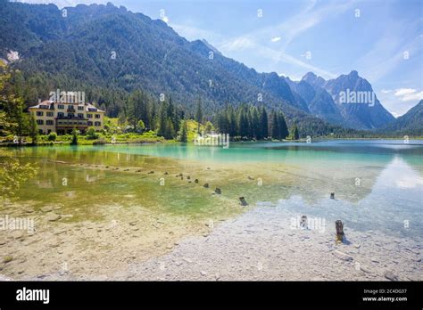 Panoramic View Of Lake Dobbiaco In The Dolomites Italy Sudtirol