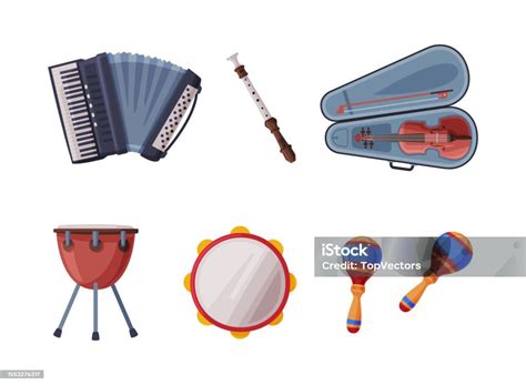 아코디언 플루트 바이올린 드럼 및 마라카 벡터 세트가 있는 다양한 악기 Classical Concert에 대한 스톡 벡터 아트 및 기타 이미지 Classical