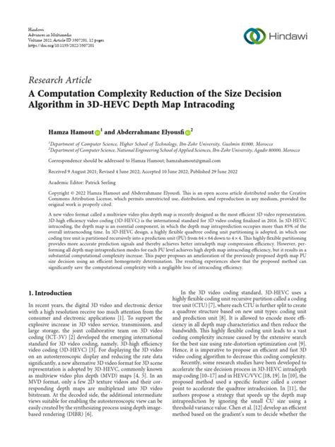 Research Article A Computation Complexity Reduction Of The Size Decision Algorithm In 3d Hevc