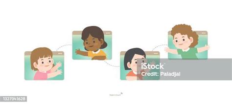 소셜 온라인 네트워크 그룹에서 인사와 채팅을 하는 소녀들은 웹사이트 화면에서 멀어지는 장소에서 친구들과 함께 소통합니다 그림 벡터입니다 키즈 컨셉 Brand Name