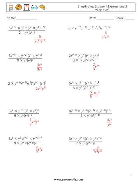 Simplifying Exponent Expressions2 Variables Math Worksheets 6math